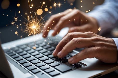 Typing On Laptop Keyboard With Digital Sparkles Overlays Modern