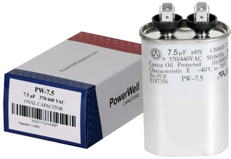 75 Uf Oval Run Capacitor 370 Or 440 Vac Powerwell Capacitors