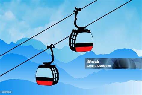 케이블카 또는 산 풍경에 공중 리프트 케이블카 벡터 그림입니다 곤돌라 리프트 또는 스키 캐빈 리프트 산악 스키어 및 스노우 보더는 케이블 방식으로 공중에서 움직입니다 0명에