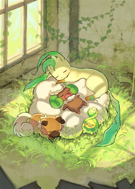 Leafeon Whimsicott Budew And Rockruff Pokemon Drawn By Furukawa