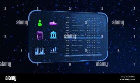 Analyzing Financial Data On Futuristic Digital Screen With Various Icons And Graphs Finance