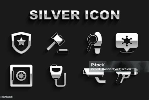 워키토키 헥사그램 보안관 경찰 전기 충격기 보안 카메라 금고 발자국 배지 및 판사 의사봉 아이콘을 설정합니다 벡터 감시에 대한 스톡 벡터 아트 및 기타 이미지 Istock