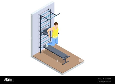 Parallel Bar Dips Isometric Vector Illustration Of A Man Performing Parallel Bar Dips Near Gym