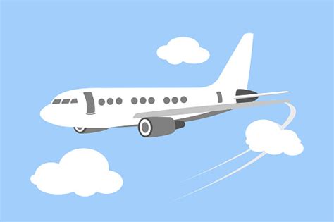 부드러운 구름 위로 솟아오르는 하늘을 나는 하얀 비행기의 벡터 그림 깔끔하고 미니멀한 디자인은 맑고 밝은 하늘을 배경으로 비행의 평온함을 포착합니다 개념에 대한 스톡 벡터