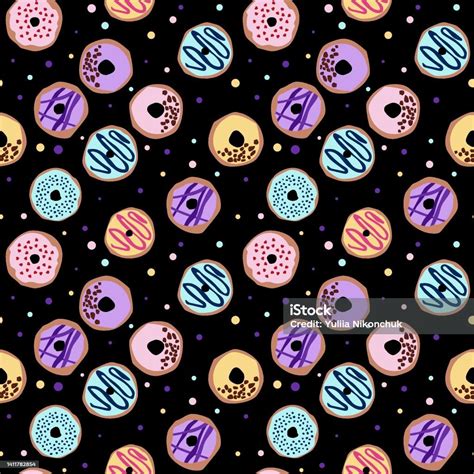 유약 도넛이있는 원활한 패턴 검은 색 배경에 밝은 육즙이 많은 패턴 건강관리와 의술에 대한 스톡 벡터 아트 및 기타 이미지 건강관리와 의술 귀여운 다중 색상 Istock