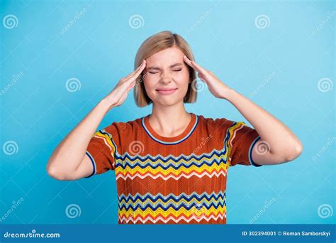 Portrait Of Overwhelmed Ill Girl With Short Hairstyle Wear Striped T Shirt Hands Touching
