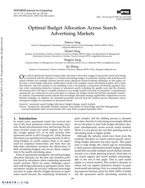 Pdf Optimal Budget Allocation Across Search Advertising Markets