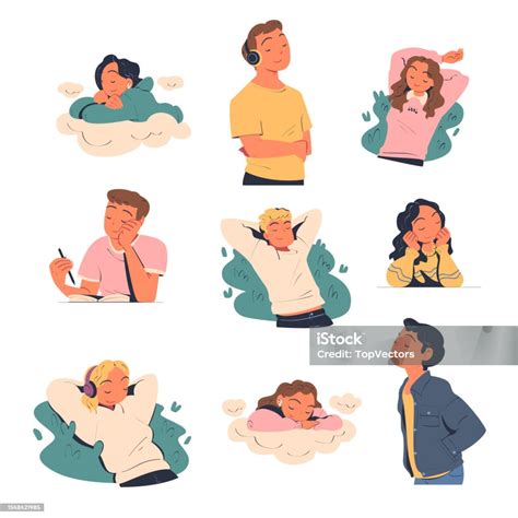 Karakter Orang Bermimpi Membayangkan Dan Berfantasi Di Set Vektor Awan