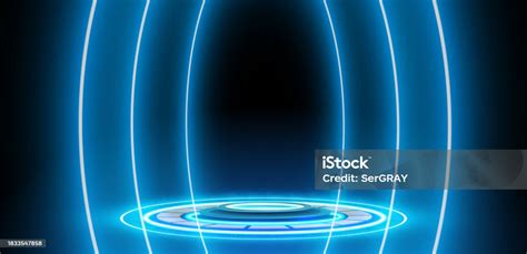 현대적이고 추상적이며 빛나는 요소가 있는 공상 과학 또는 기술 테마 프로젝트 중앙의 둥근 포털은 0명에 대한 스톡 벡터 아트 및