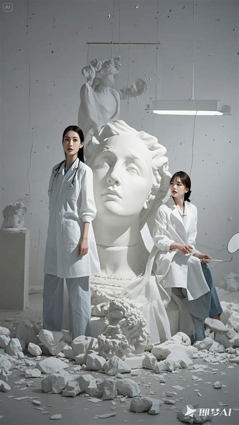 135大光圈镜头拍摄。展示女性力量，柔和美，纱布飘带，商业摄影风格，现代医疗手术室场景，前景虚化，画面层次，空间纵深感，两位亚洲女医生站在巨型面部缠纱布女性石膏像旁 花瓣网