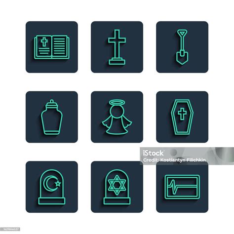 무슬림 묘지 다윗의 별이 있는 무덤 모니터에서 죽은 사람 삽 천사 장례식 항아리 성경책 관 십자가 아이콘을 설정합니다 벡터 건강관리와 의술에 대한 스톡 벡터 아트 및 기타