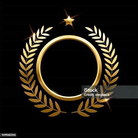 금색 둥근 프레임 별과 올리브 잎 벡터 그림에서 원형 화환 사실적인 3d 황금 기념일 메달 검은 배경에 분리된 조명 효과가 있는 우승자 인증서 올리브 나무에 대한 스톡 벡터