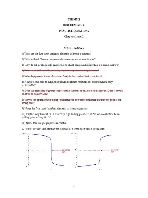 Chem221 Biochemistry Practice Questions Chapters 1 And 2 Pdf Acid Dissociation Constant