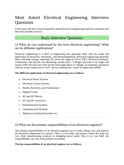 42 Most Asked Electrical Engineering Interview Questions Pdf