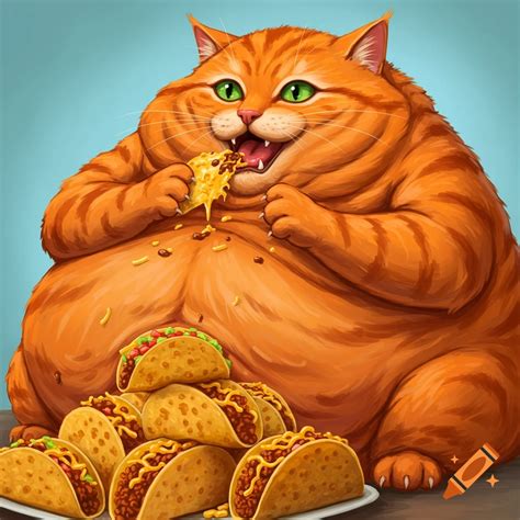 A Very Fat Orange Cat Eating A Taco With A Pile Of Tacos Nearby On