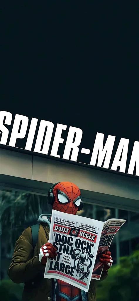 Spider Man Reading A Newspaper About Doc Ock In Casual Attire Black
