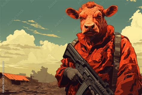 A Painting Of A Man With A Gun In His Hand And A Cow Wearing A Red