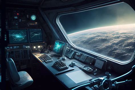 Spaceship Interior Dark Futuristic Control Room Generative Ai Stock