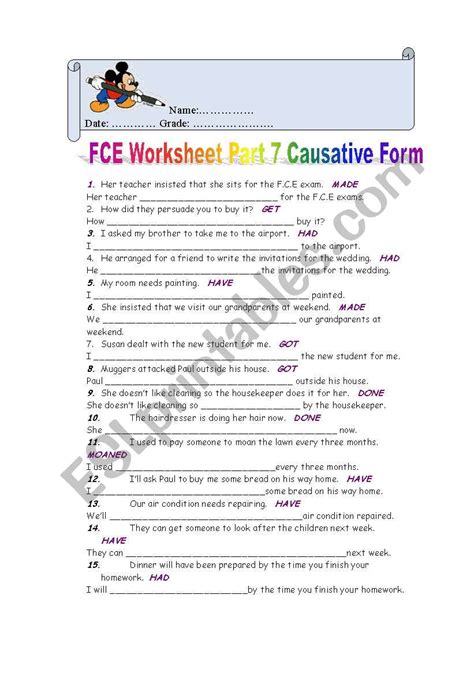 Fce Worksheet Part 7 Causative Form Esl Worksheet By Natval