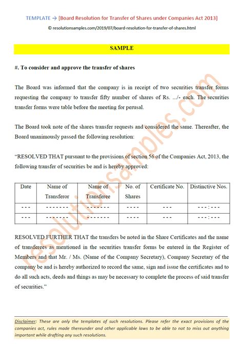 Sample Board Resolution For Approval For Transfer Of Shares