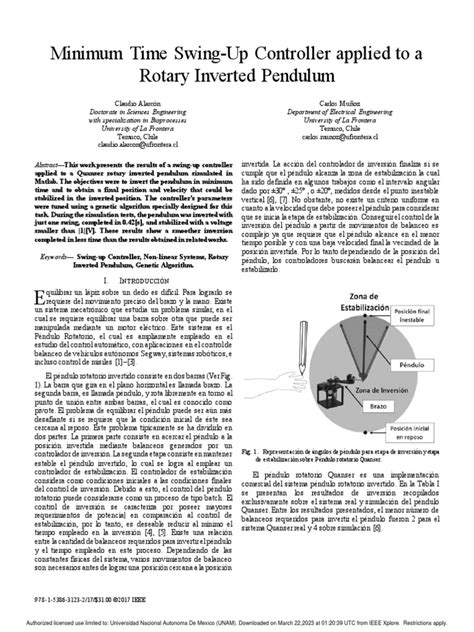 Minimum Time Swing Up Controller Applied To A Rotary Inverted Pendulum Pdf Pdf Péndulo