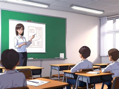 Premium Photo A Classroom With A Green Board With A Cartoon Drawing Of A Teacher In Front Of Him