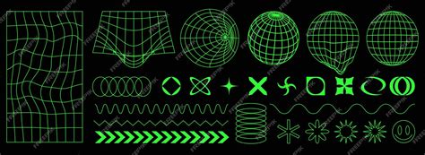 네온 녹색 색상의 기하학 와이어프레임 모양 및 그리드 초현실적인 기하학적 모양 사이버 펑크 요소 프리미엄 벡터