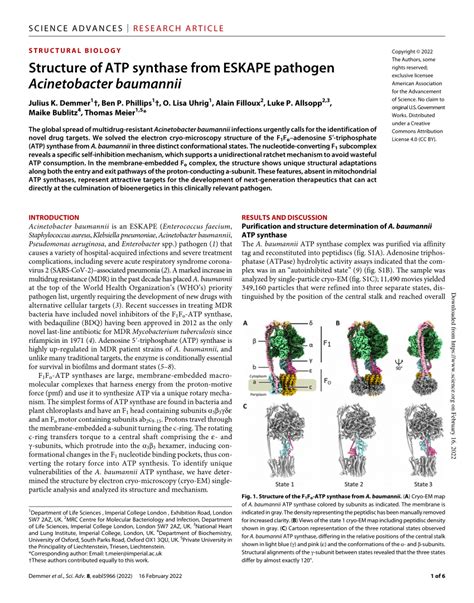 Pdf Structure Of Atp Synthase From Eskape Pathogen Acinetobacter Baumannii