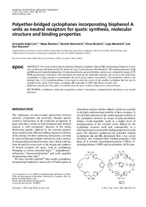 Pdf Polyether Bridged Cyclophanes Incorporating Bisphenol A Units As Neutral Receptors For