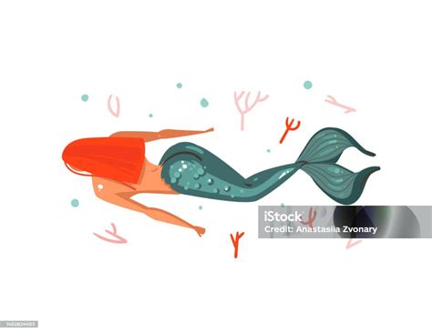산호초와 그린된 벡터 추상 만화 그래픽 여름 시간 수 중 일러스트를 수교 하 고 흰색 배경에 고립 된 빨간 머리 인 어 소녀
