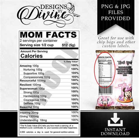 Mom Nutritional Facts Label Custom Label Chip Bags Water Bottle