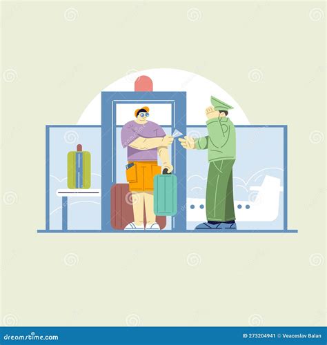 Tourist At Passport Control Gives The Passport To The Customs Officer Stock Vector
