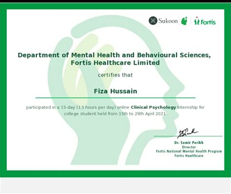 Fiza Hussain On Linkedin Received My Certificate For The Fortis National Mental Health Program