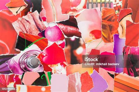 잡지 종이의 찢어진 조각에서 콜라주 빨간색 분홍색 및 보라색 색상의 잡지 종이와 클리핑에서 추상적 인 창조적 인 배경 합성사진에 대한 스톡 사진 및 기타 이미지 Istock