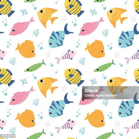 벽지 포장 및 섬유에 대한 흰색 배경에 만화 물고기와 원활한 패턴 어린이 용 섬유에 적합합니다 벡터 Eps10 귀여운에 대한