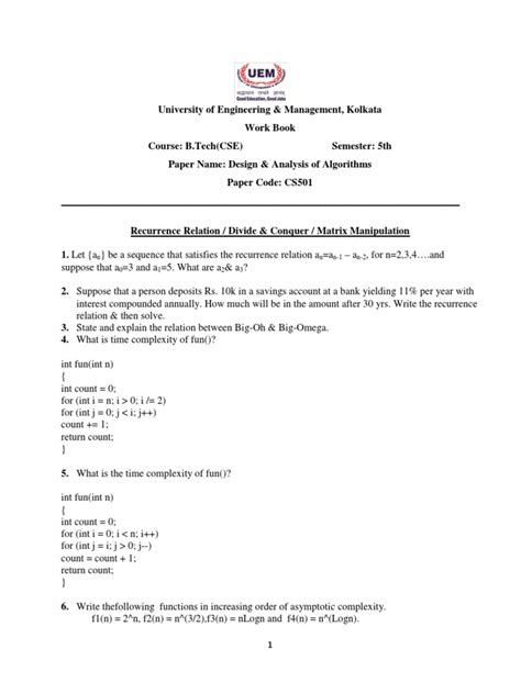 Design And Analysis Of Algorithms Workbook Pdf Dynamic Programming