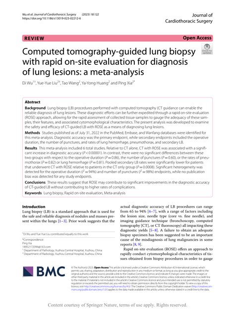 Pdf Computed Tomography Guided Lung Biopsy With Rapid On Site Evaluation For Diagnosis Of Lung