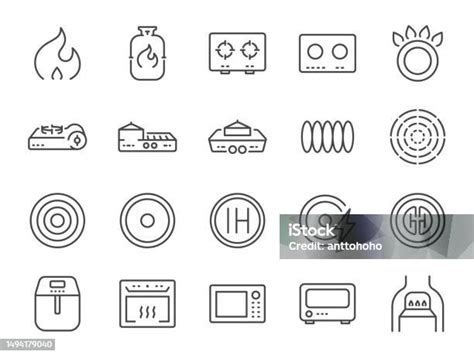 밥솥과 불꽃 아이콘이 설정되었습니다 여기에는 불 스토브 요리용 호브 호브 전자레인지 및 기타 아이콘이 포함되었습니다 편집 가능한 획 아이콘에 대한 스톡 벡터 아트 및 기타