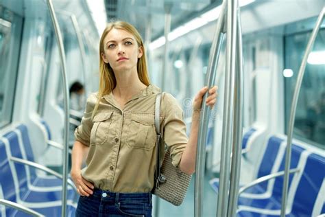 Smiling Young Woman Passenger Standing Inside Train At Metro Stock Image Image Of Passenger