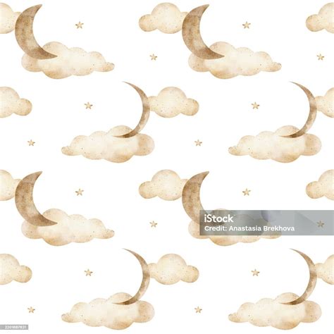 베이지색 구름에 달이 단색 패턴으로 원활하지 않습니다 수채화 프린트 어린이 빈티지 파스텔 색상의 손으로 그린 그림 섬유 디자인
