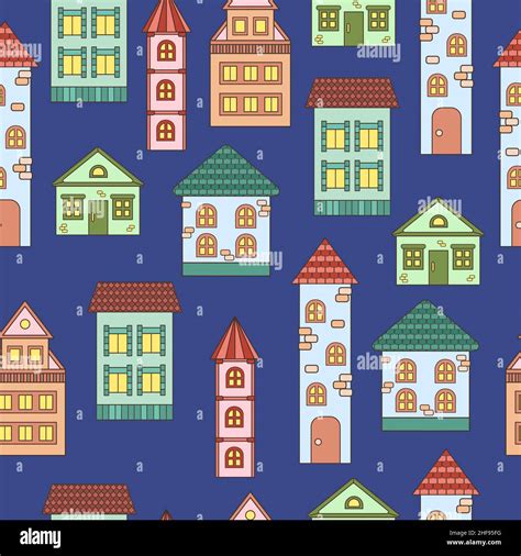 Vector Semless Pattern With Set Of Colorful Houses With Light In The Windows In The Evening