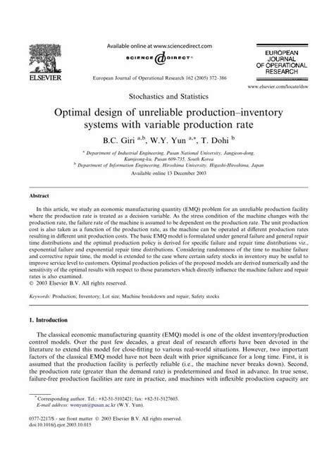 Pdf Optimal Design Of Unreliable Production Inventory Systems With Variable Production Rate