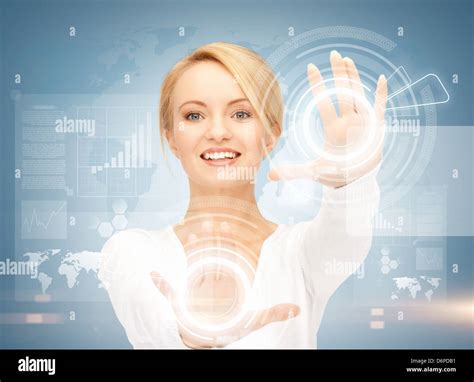 Businesswoman Touching Virtual Screen Stock Photo Alamy