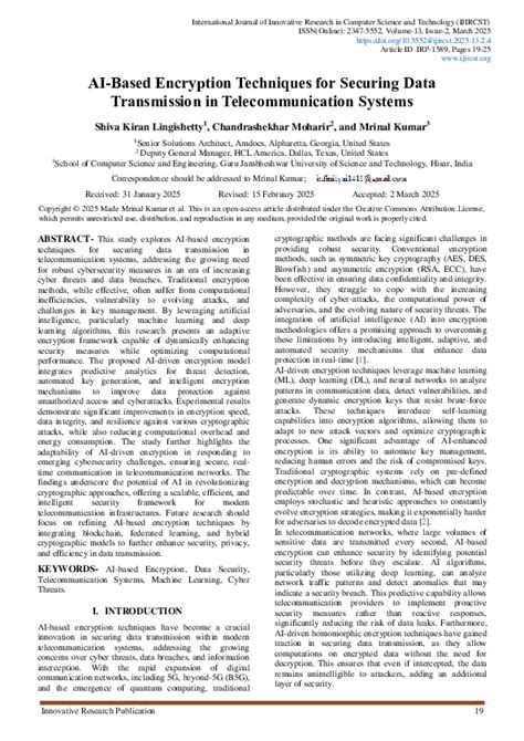 Pdf Ai Based Encryption Techniques For Securing Data Transmission In Telecommunication Systems