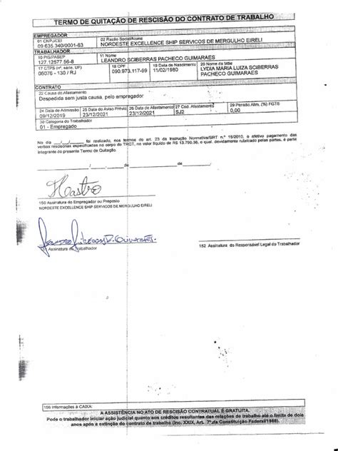 Termo De Quitação De Recisão Do Contrato De Trabalho Pdf