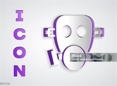 회색 배경에 격리된 방독면 아이콘을 자른 용지 호흡보호구 표지판 종이 아트 스타일 벡터 3차원 형태에 대한 스톡 벡터 아트 및