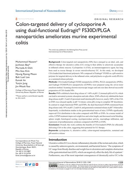 Pdf Colon Targeted Delivery Of Cyclosporine A Using Dual Functional Eudragit® Fs30d Plga