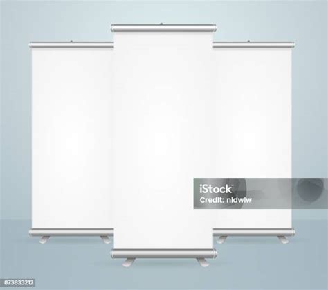 현실적인 상세한 3d 템플릿 빈 흰색 롤 배너 스탠드 모의 세트를 벡터 디자인에 대한 스톡 벡터 아트 및 기타 이미지 디자인 롤업 배너 간판 Istock