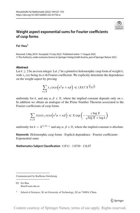Weight Aspect Exponential Sums For Fourier Coefficients Of Cusp Forms Request Pdf