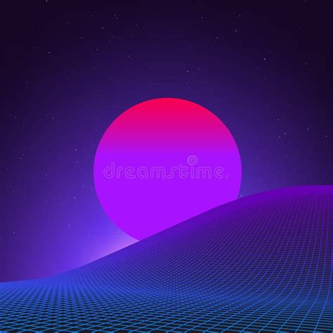 Retro Futuristic Sunset With Vibrant Grid Landscape And Purple Sun
